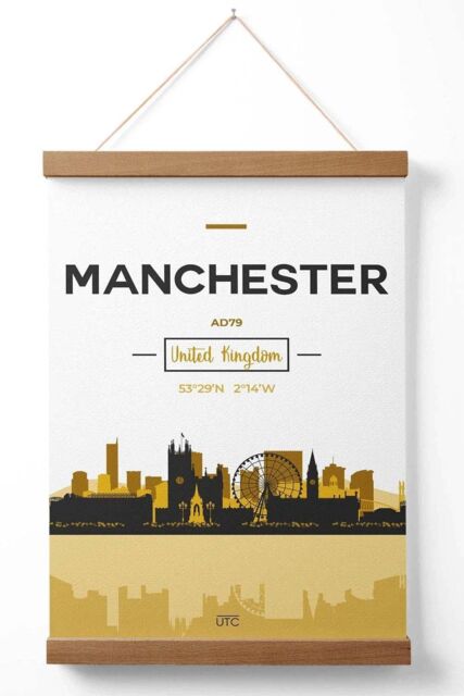 Manchester Yellow and Black City Skyline Framed Print SIZE: A4 with Oak ...