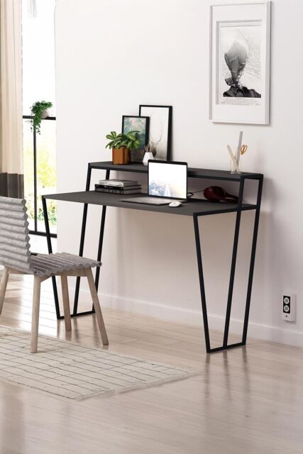 Home Office Modern Student Study Desk Anthracite Grey Black Metal Frame ...