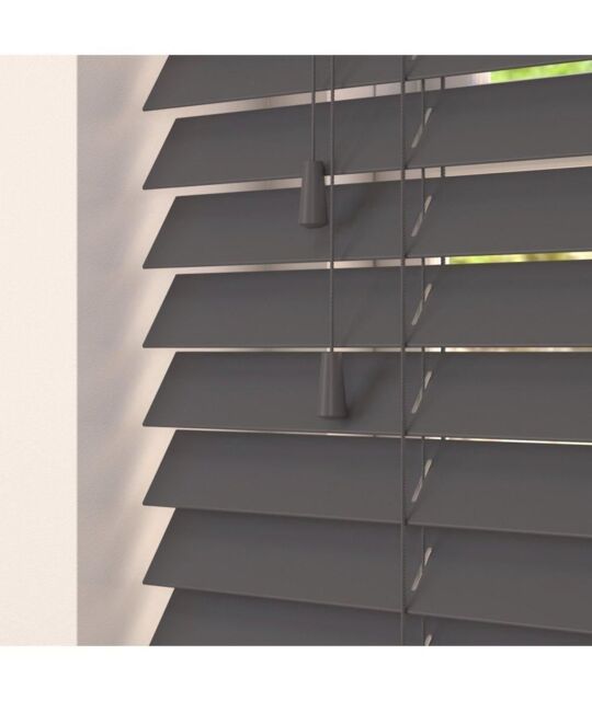 Smooth Finish Faux Wood Venetian Blinds with Strings 120cm Drop Slate ...