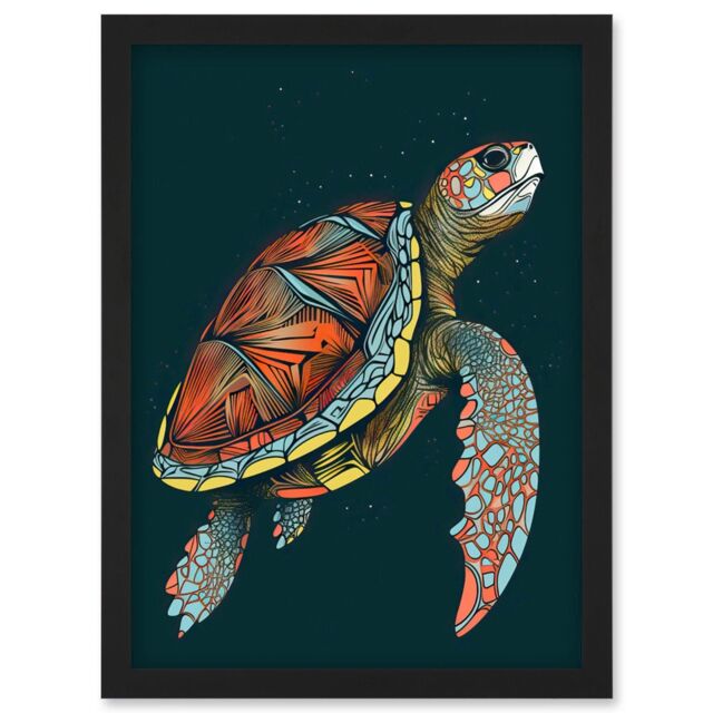 Swimming Sea Turtle Modern Folk Art Illustration Artwork Framed Wall ...