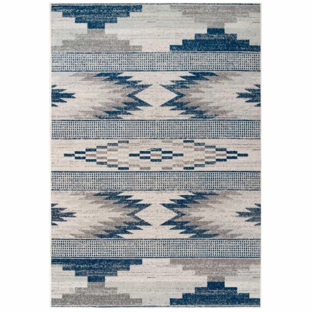 Blue Grey Aztec Tribal Low Pile Soft Living Room Rug by Debenhams ...