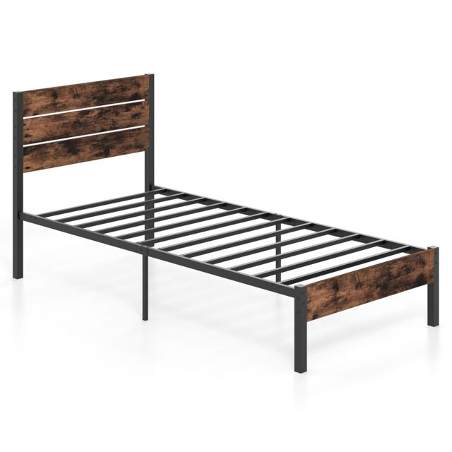 Single Size Bed Frame Metal Platform Bed with High Headboard-Brown by ...