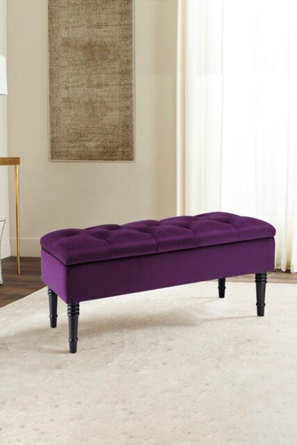 Purple Buttoned Tufted Velvet Storage Ottoman Bench with Rubberwood ...