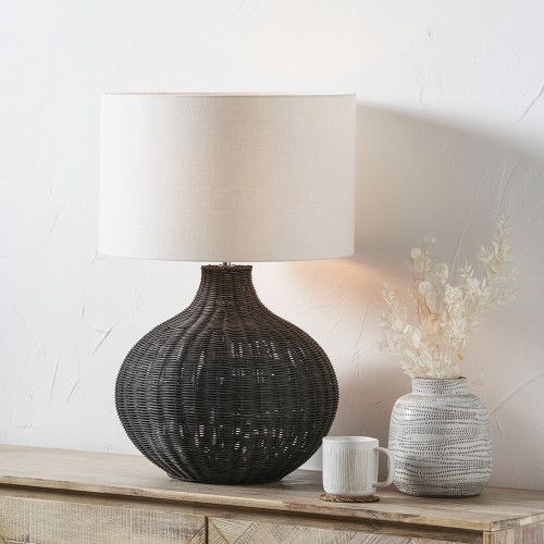 Ruma Round Rattan Table Lamp with Cylinder Shade in Black by Debenhams ...