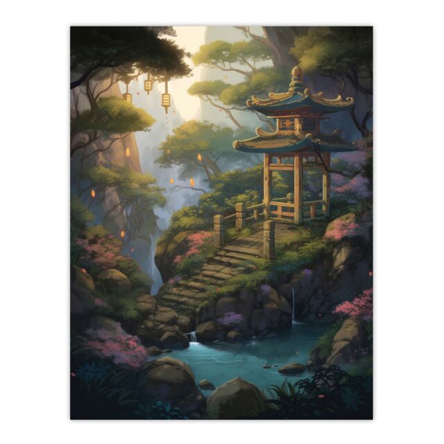 "Artery8 Wall Art Print Japan Garden Painting Traditional Tower & Tree ...