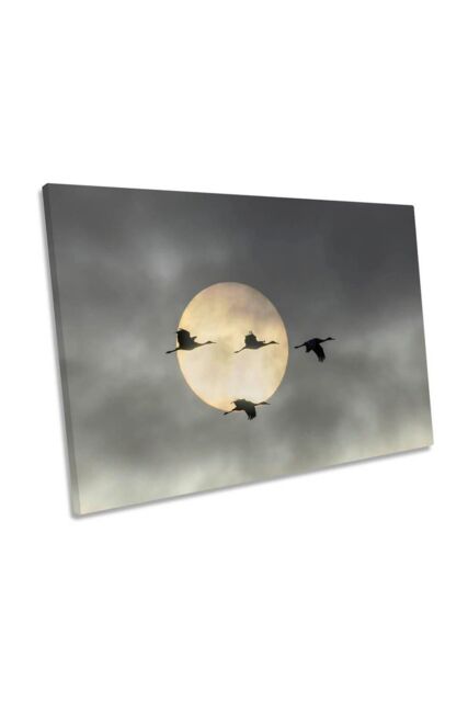 "CanvasGeeks Over the Moon Crane Birds Flight Canvas Wall Art Picture ...