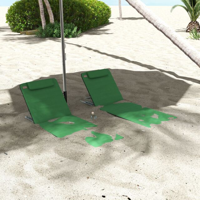 Outsunny 2 Pieces Outdoor Beach Mat Steel Reclining Chair Set w/ Pillow ...