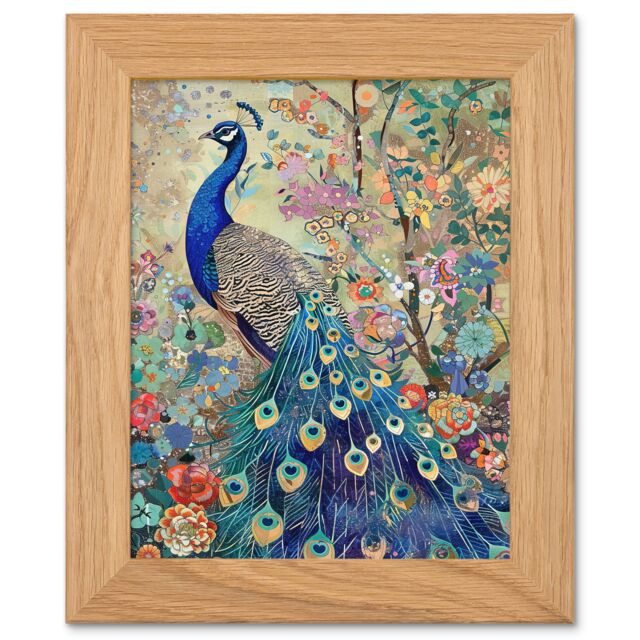 Detailed Blue Peacock in Wildflower Forest Art Oak Wood Framed Wall ...