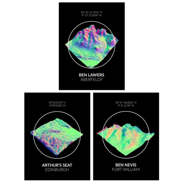 Pack of 3 Neon Scottish Hill and Mountain Topography Maps Ben Lawers ...