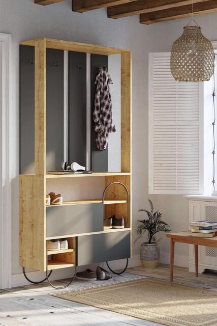 Natural Oak & Anthracite Grey Hallway Storage Unit Coat Stand Modern by ...