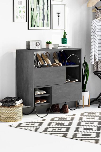 2 Drawer Large Modern Shoe Storage Cabinet Sideboard Retro Grey by ...