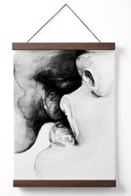 Kissing Couple Abstract Pencil Sketch Poster with Walnut Hanger by ...