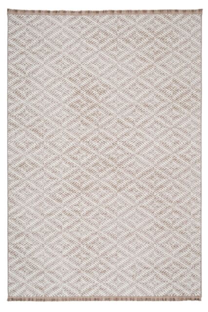 Neutral Beige Brown Diamond Scandi Boho Fringed Textured Rug by ...