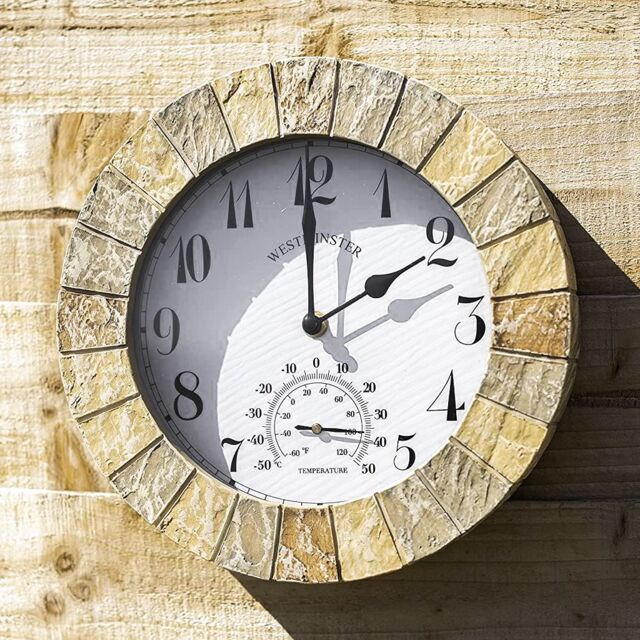 Marco Paul Stone Slates Westminster 26cm Garden Clock & Thermometer ...
