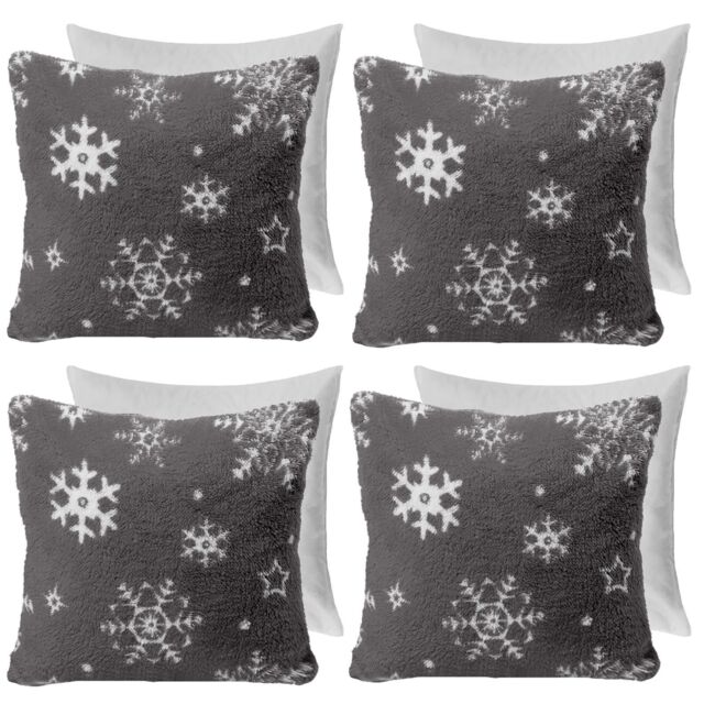 Snowflake Cushion Covers Teddy Fleece 4 x Filled Plush Soft, Grey - 45 ...