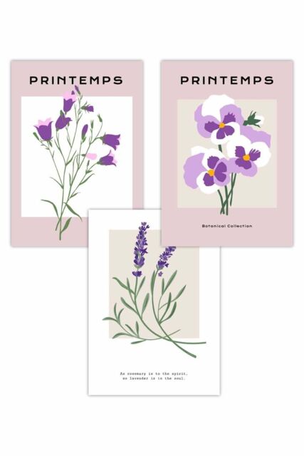 ARTZE Set of 3 Vintage Graphical Lilac Purple Spring Flower Market Art ...