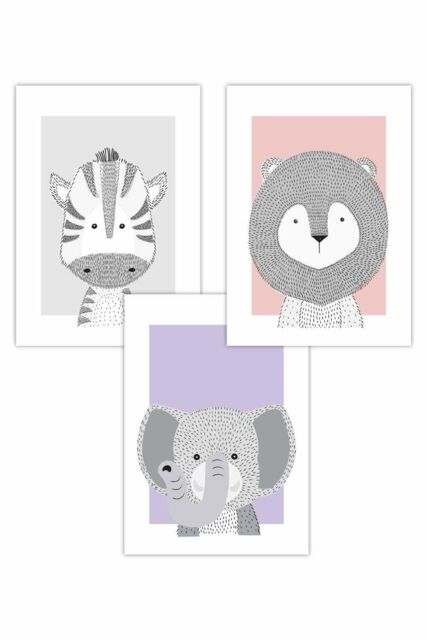 Set of 3 Nursery Scandi Sketch Jungle Animals in Grey Lilac Pink Art ...