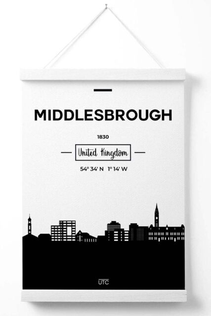 Middlesbrough Black and White City Skyline Poster with White Hanger by ...