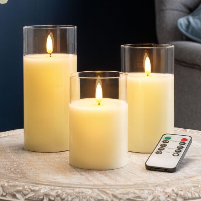 Flameless LED Candles With Remote Grey Or Clear Glass Set Of 3 Christow ...