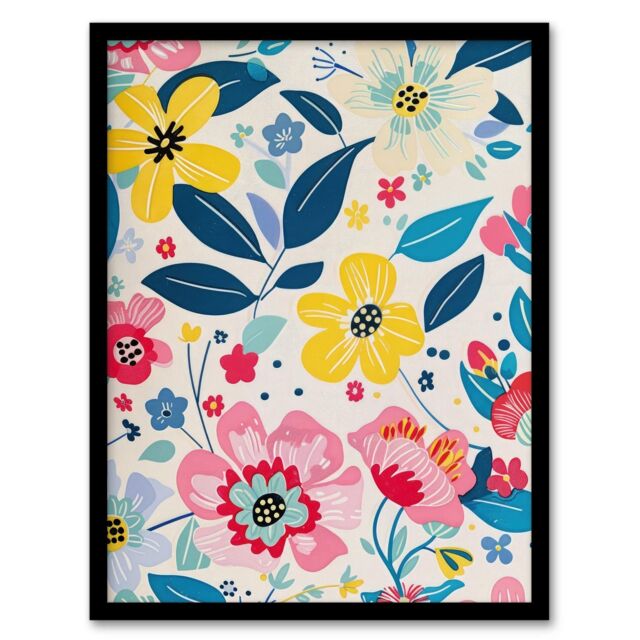 Wall Art Print Happy Flowers Playful Design Cute Garden Art Framed ...