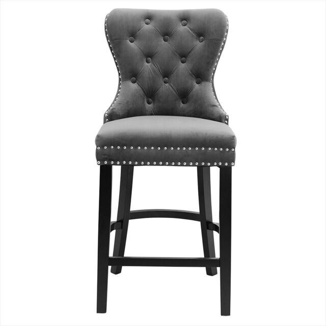 Velvet Upholstered Tufted Nailhead Bar Stools with Wooden Legs by ...