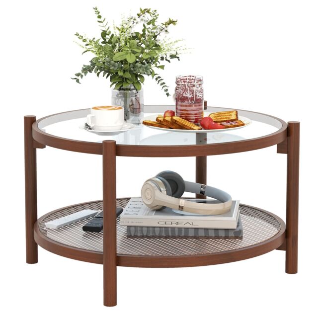 78cm Round Coffee Table Solid Wood Circle Table w/Tempered Glass Top by ...