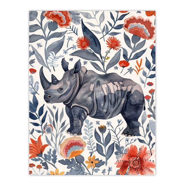 "Artery8 Rhinoceros Rhino Blue Red Floral Pattern Portrait Wall Art ...