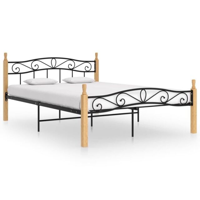 Bed Frame Black Metal and Solid Oak Wood 140x200 cm by Debenhams ...