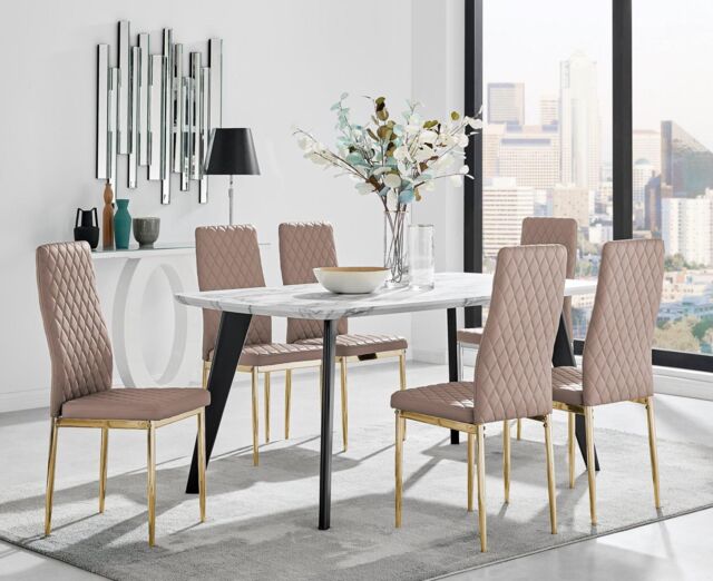 Andria Marble Effect Dining Table With Black Legs & 6 Milan Faux ...