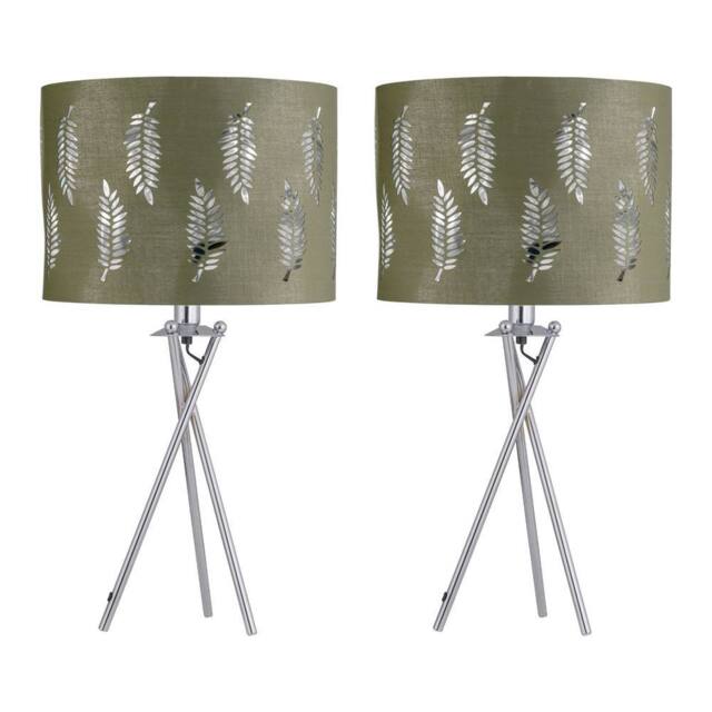 First Choice Lighting Set of 2 Tripod Table Lamps with Sage Green Fern ...