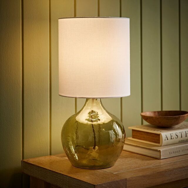 Emily Natural Linen Drum Shade Dark Green Glass Teardrop Table Lamp by ...