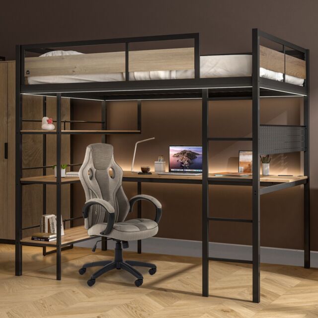 Denver High Sleeper Bed with Desk, Shelves and LED Lighting by ...
