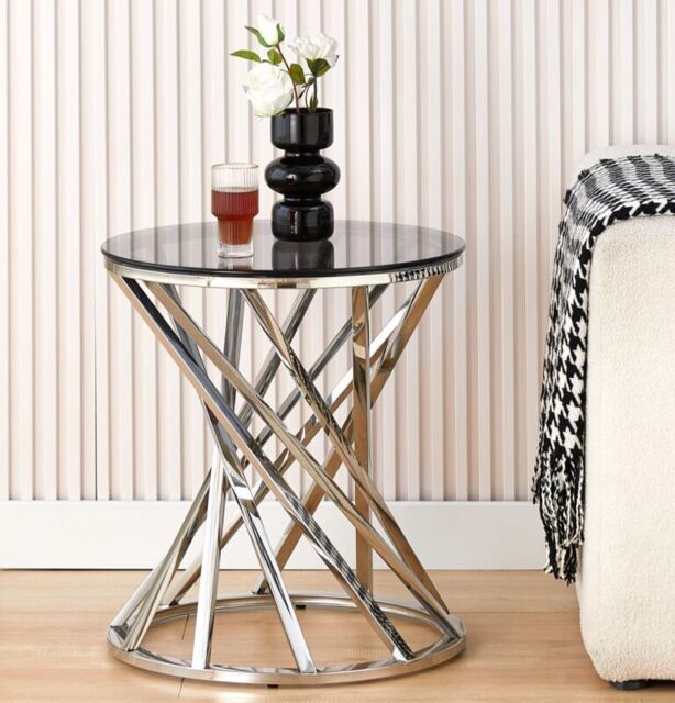 Round Geometric Design Metal Side Table With Tinted Glass Tempered Top ...