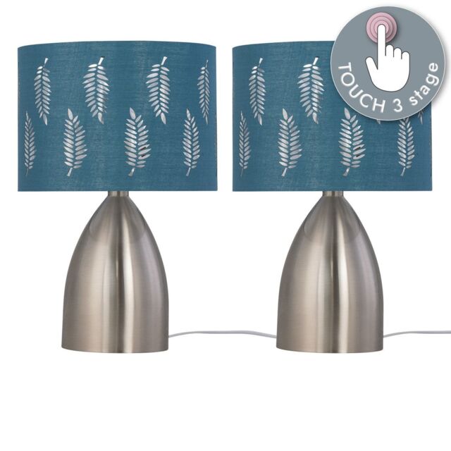 Set of 2 Valentina - Brushed Chrome Touch Lamps with Teal Fern Shades ...