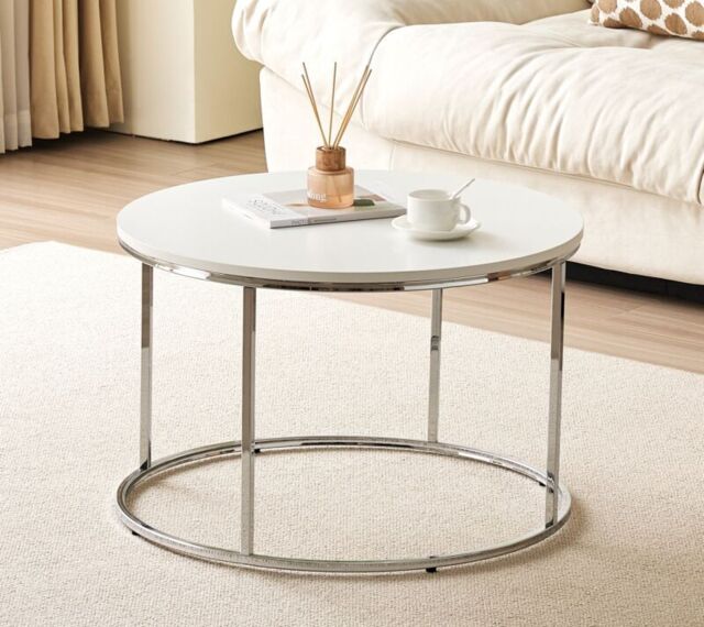 Comfy Living Ltd Circular Coffee Table With Silver Metal Frame & Wood ...