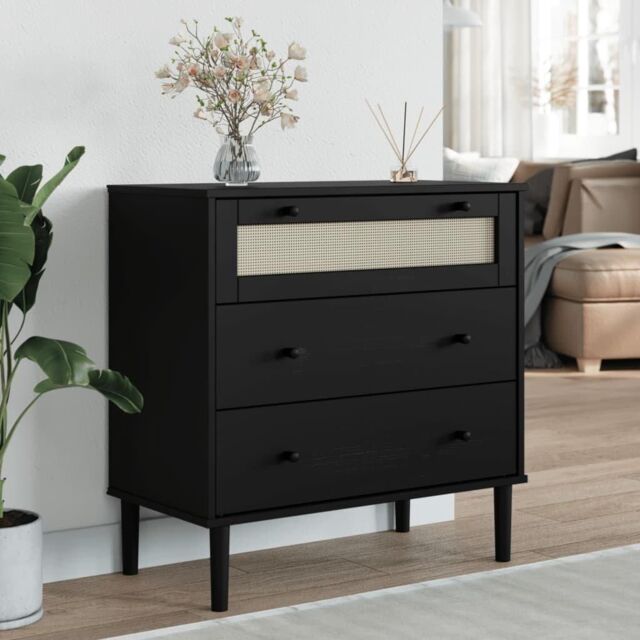 Drawer Cabinet SENJA Rattan Look Black 80x40x80 cm Solid Wood Pine by ...