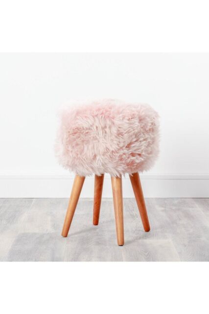 Blush Pink Sheepskin Wood Stool - Woodstain by Debenhams | ufurnish.com