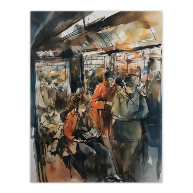 "Artery8 Wall Art Print The Commute Charcoal & Watercolour Ink Artwork ...
