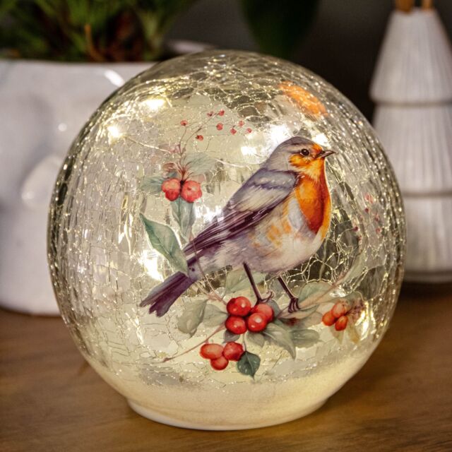 15cm Battery Operated Light up Robin Crackle Glass Ball with 12 Warm ...