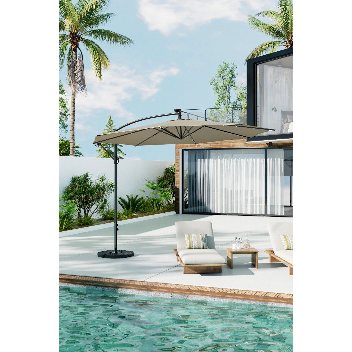 3m Lighted Garden Parasol with Crank Lift System with Cross Base ...