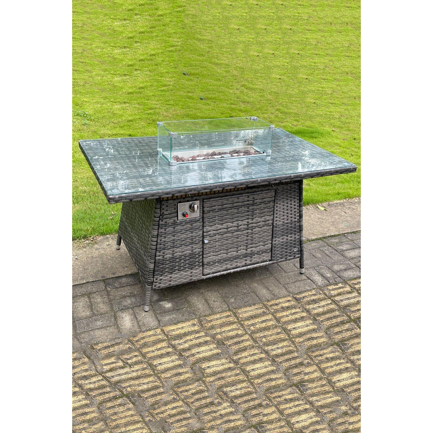 PE Rattan Gas Fire Pit Dining Rectangular Oblong Table Gas Heater ...