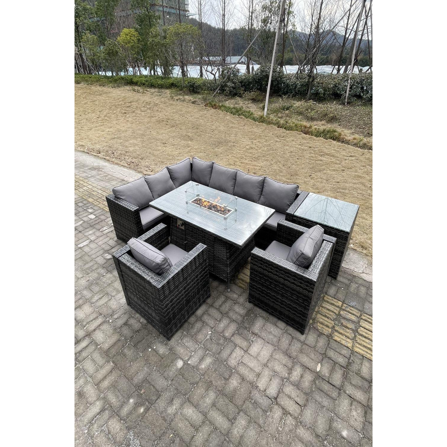 Outdoor Rattan Garden Corner Furniture Gas Fire Pit Dining Table Heater Sets Lounge 8 Seater by ...