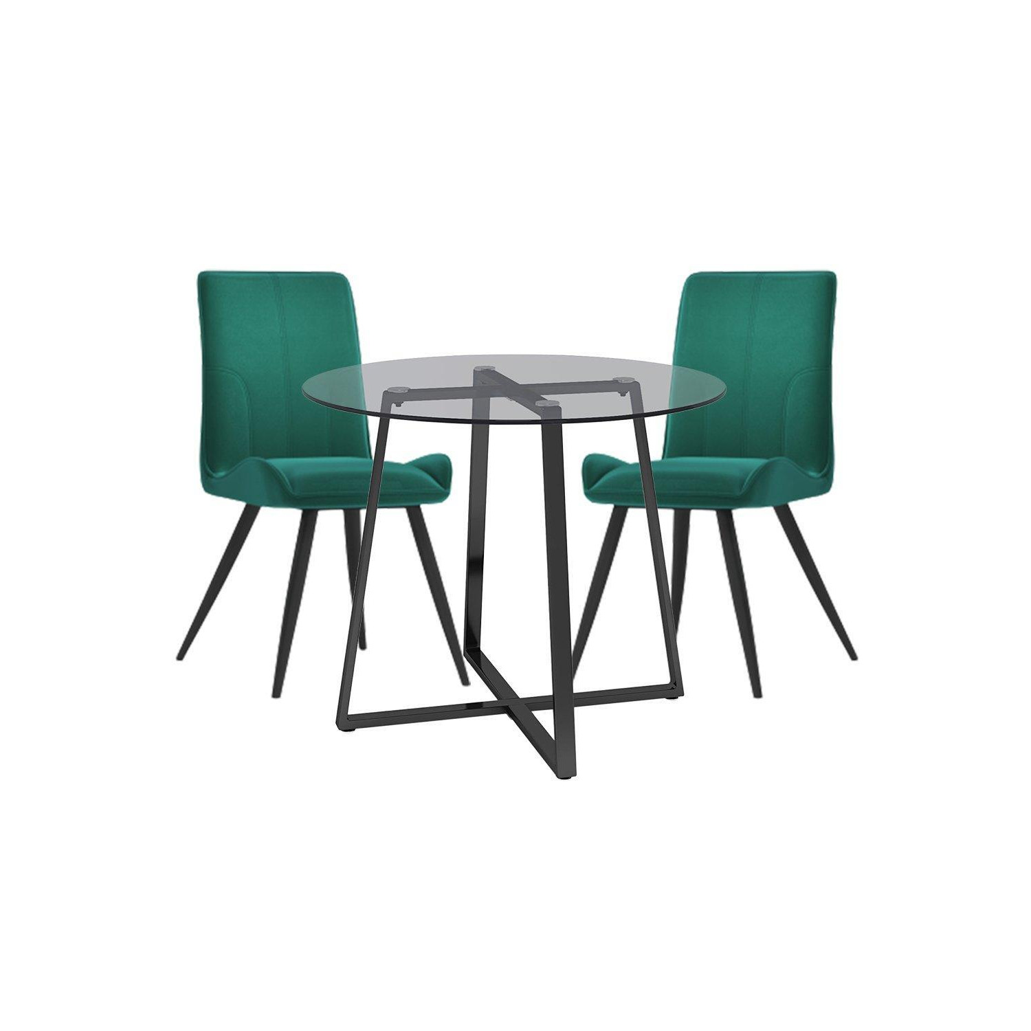 3-Piece Dining Table Set of Modern Velvet Dining Chairs and Tempered Glass Round Table by ...