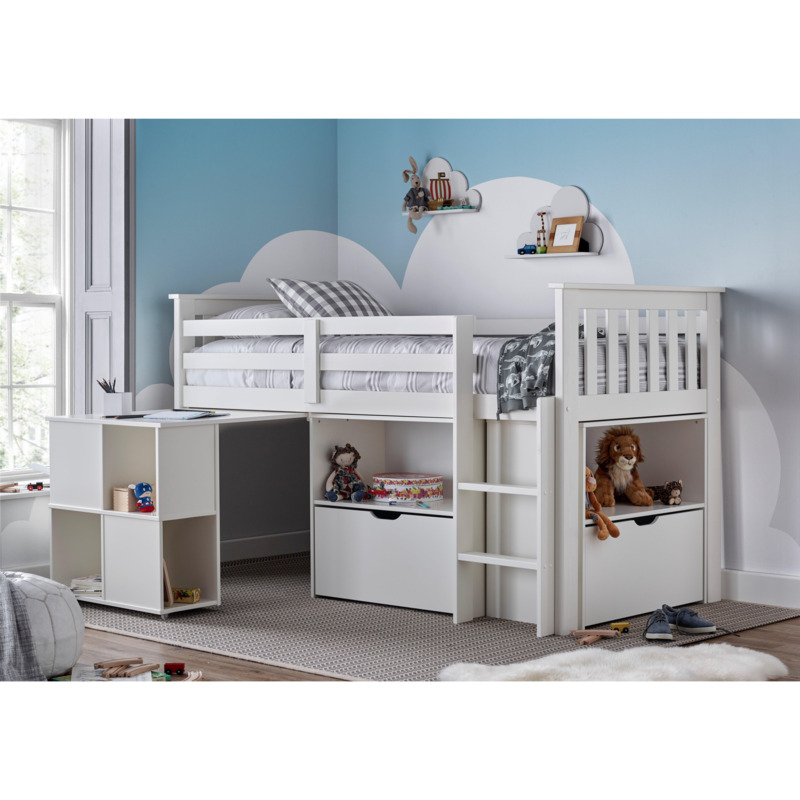 Milo Mid Sleeper Sleep Station Storage Bed With Desk And Orthopaedic Mattress by Debenhams ...