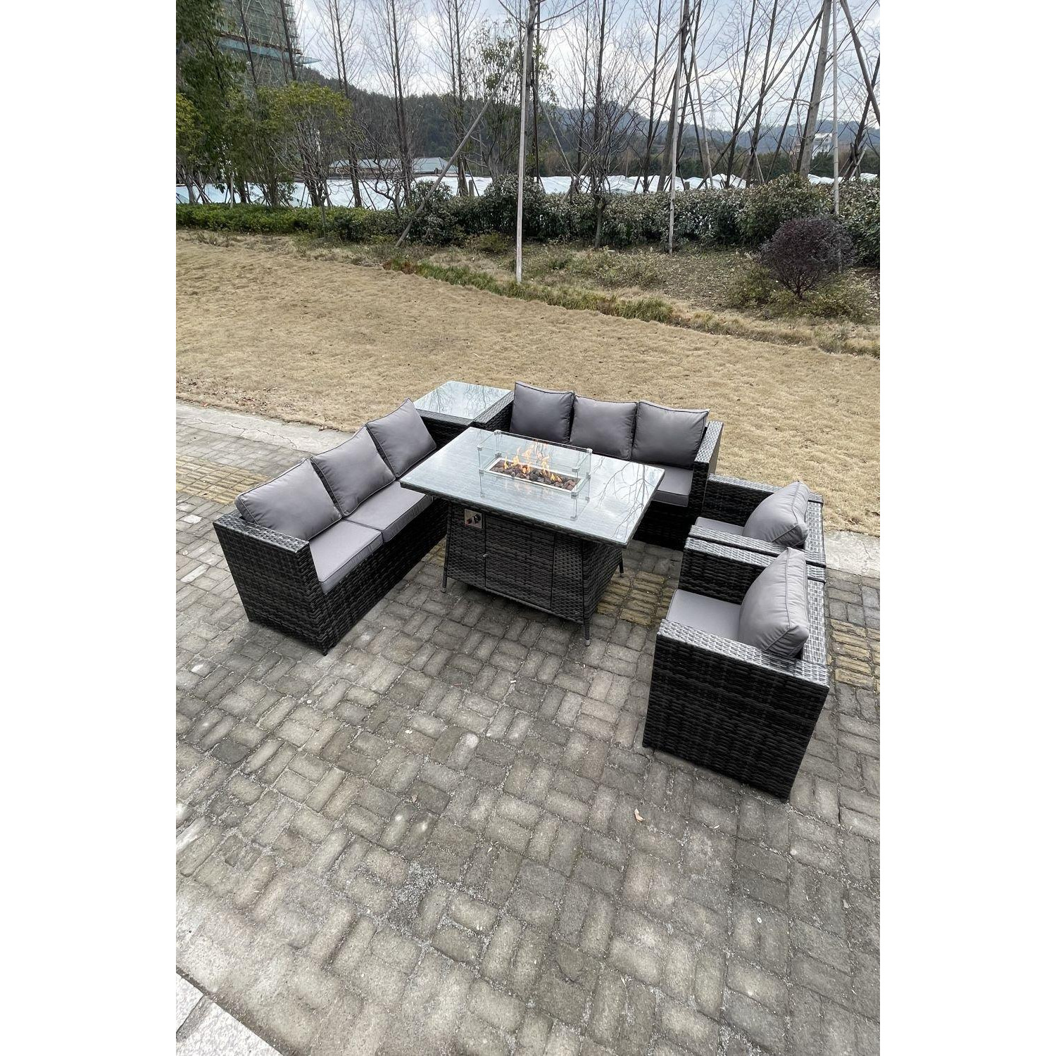 8 Seater Outdoor Rattan Gas Fire Pit Table Sets Heater Lounge Chairs by ...
