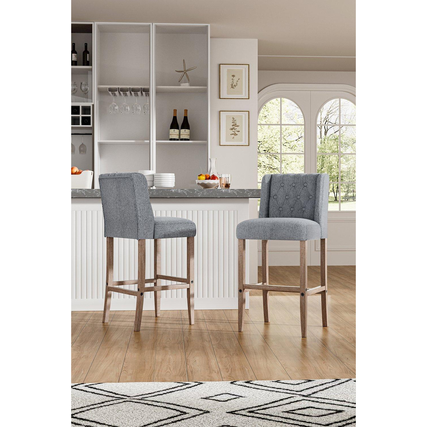 Light Grey Set of 2 Linen Button Tufted Bar Stools Dining Chair with ...