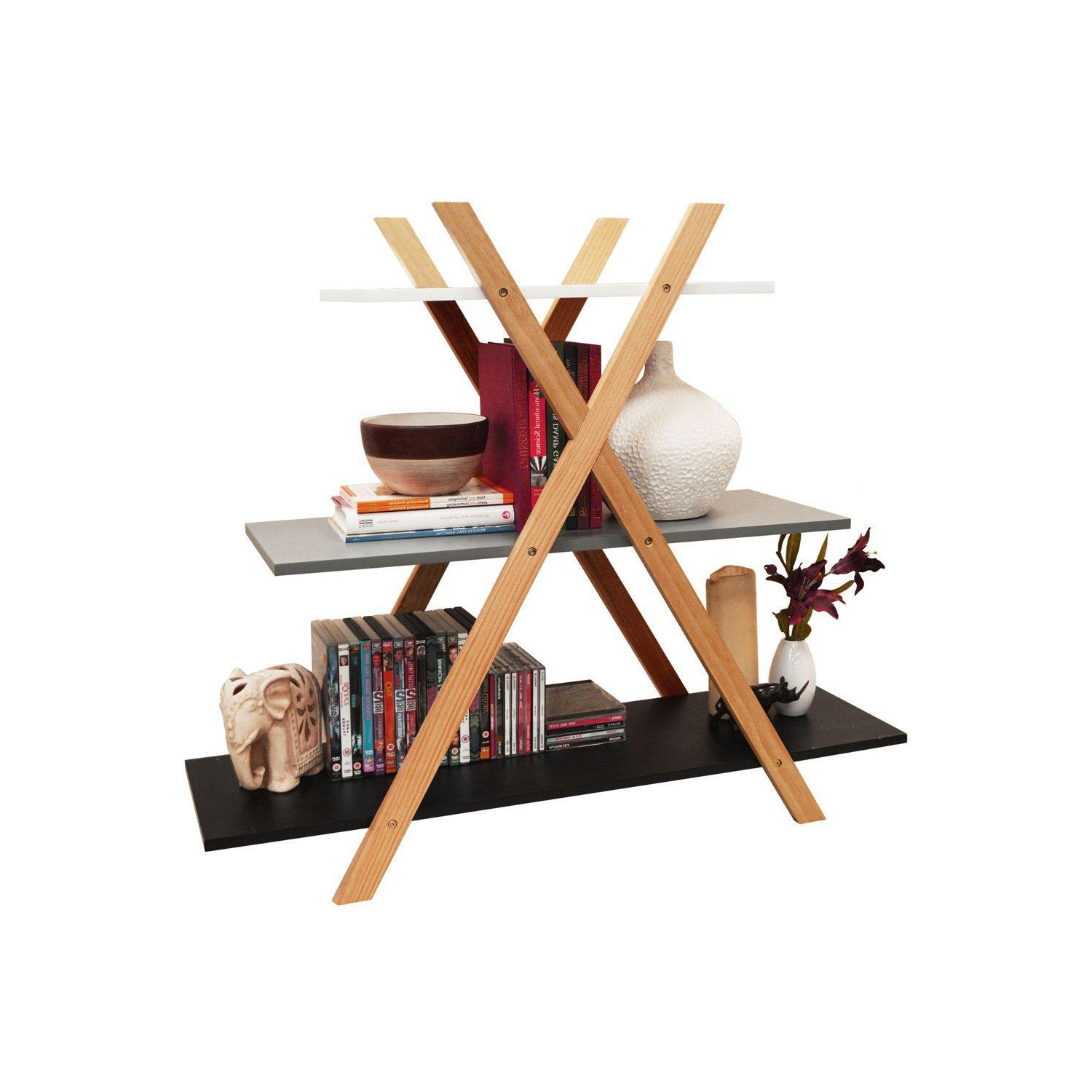 'Avone' - Retro 3 Tier Wood Cross X Frame Storage Shelf Bookcase ...