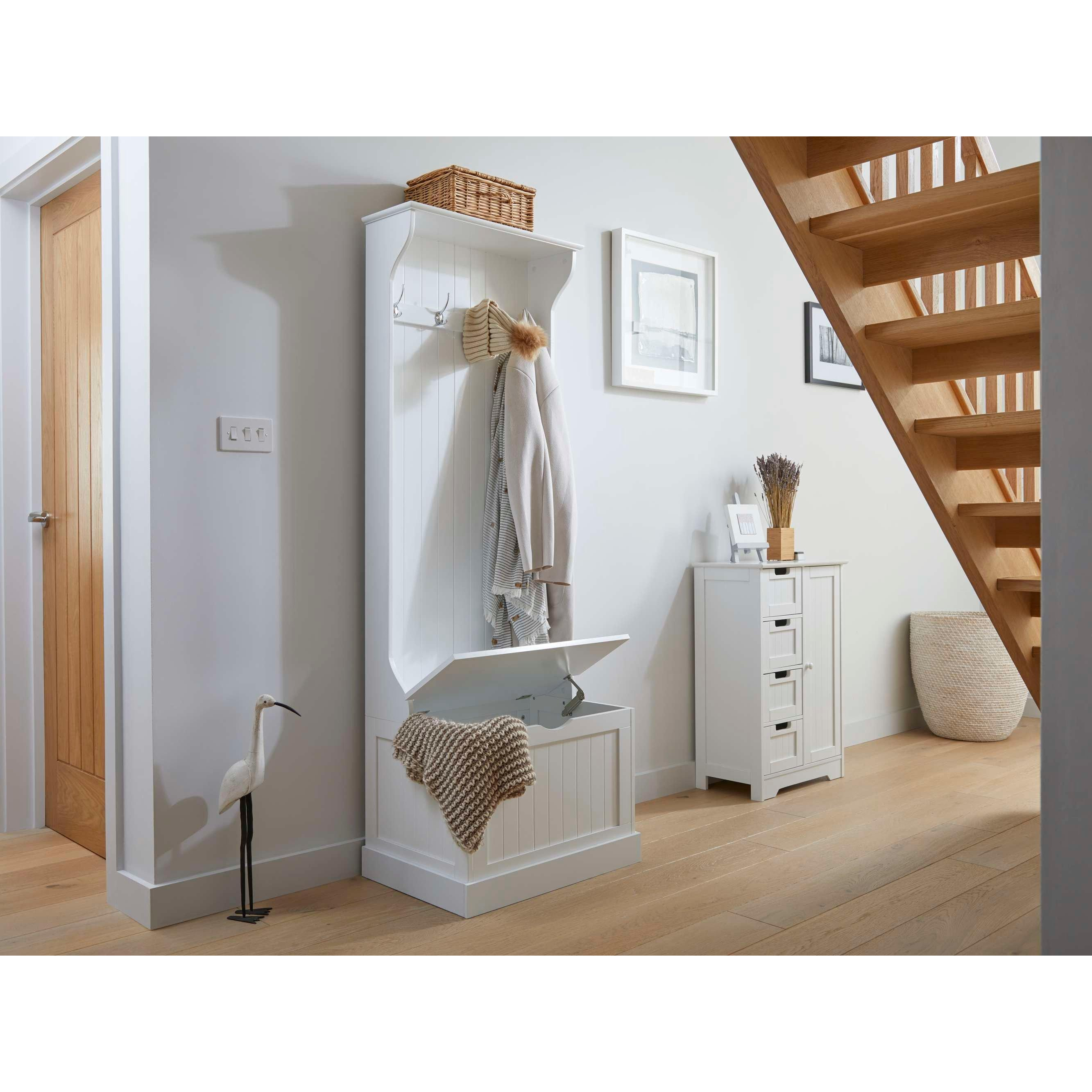 White Tall Hallway Unit with Storage Compartment & 4 Double Coat Hooks ...