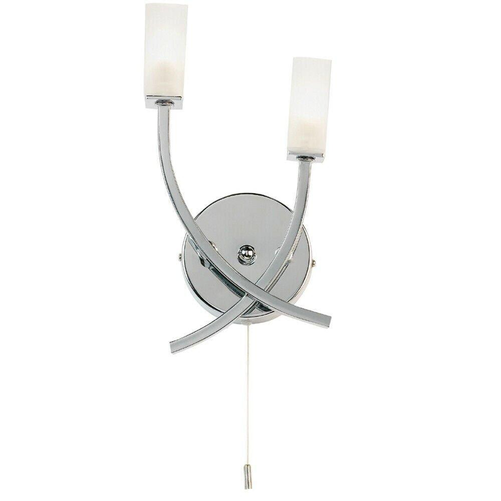 LED Twin Wall Light Modern Chrome Arm & Frosted Oblong Glass Shade Lamp ...