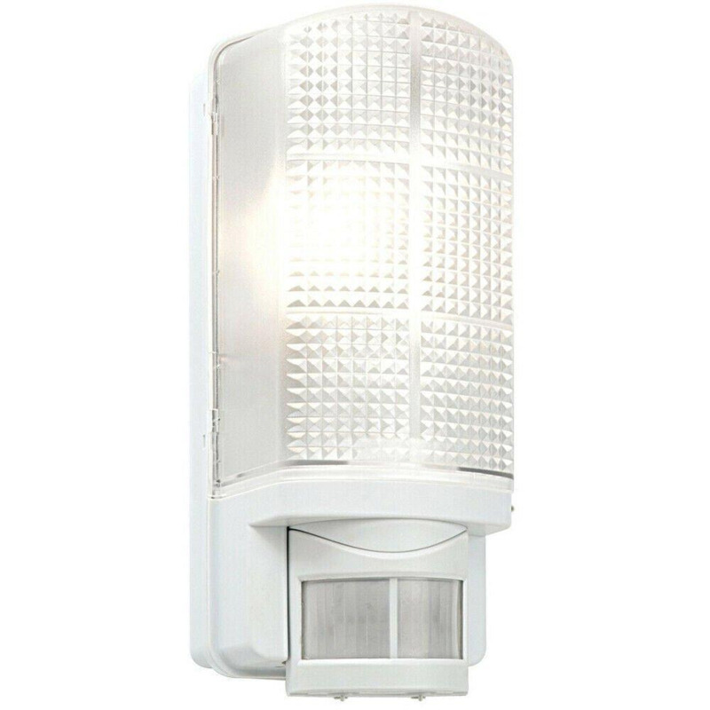 WHITE IP44 Outdoor Wall Bulkhead Light & 10m PIR Motion Sensor 60W E27 ...